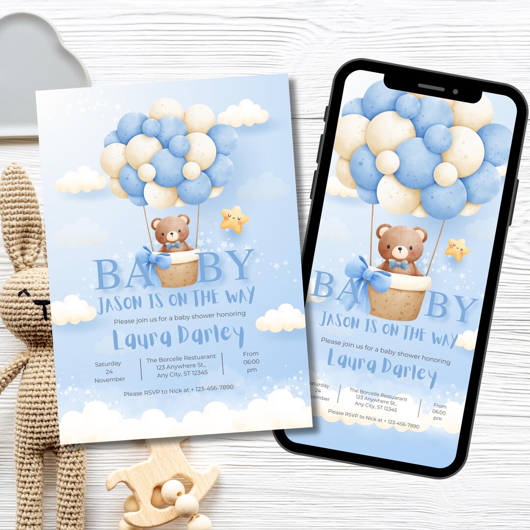 Editable Blue Bear Balloon Baby Shower Invitation, Blue Boy Boho Bear ...