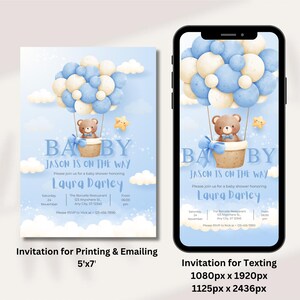Editable Blue Bear Balloon Baby Shower Invitation, Blue Boy Boho Bear ...