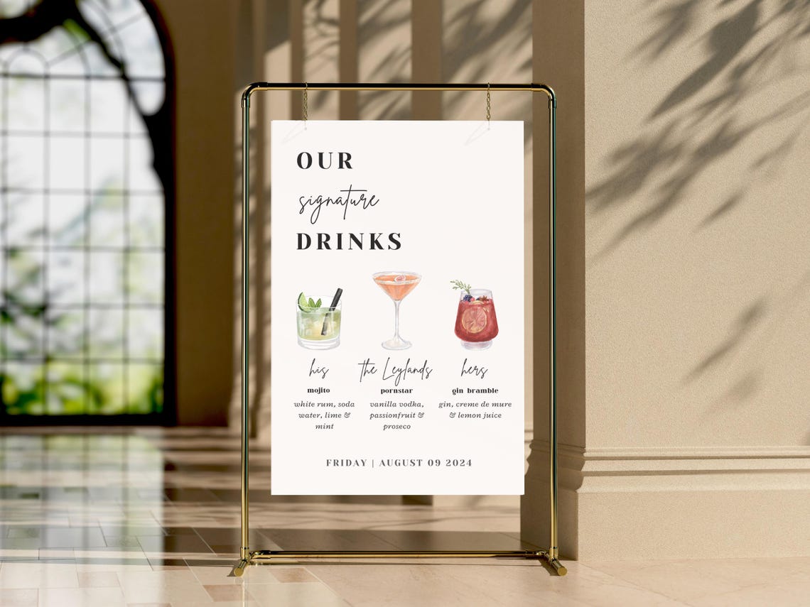 Signature Drinks Signage, Wedding Signage, Bar Menu Template, Modern ...