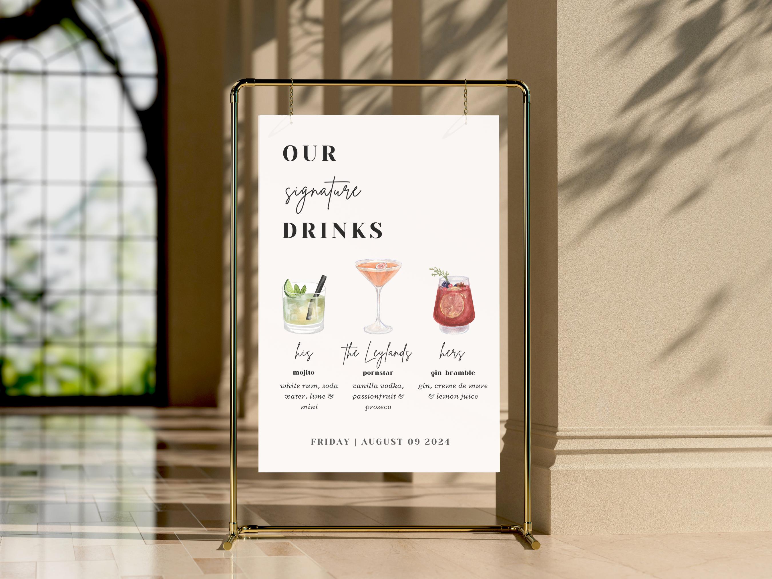 Signature Drinks Signage, Wedding Signage, Bar Menu Template, Modern ...