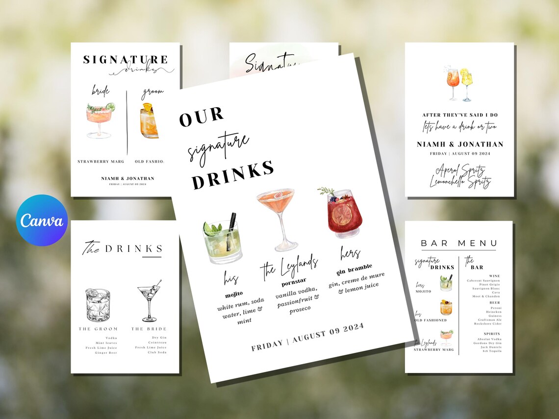 Signature Drinks Signage, Wedding Signage, Bar Menu Template, Modern ...