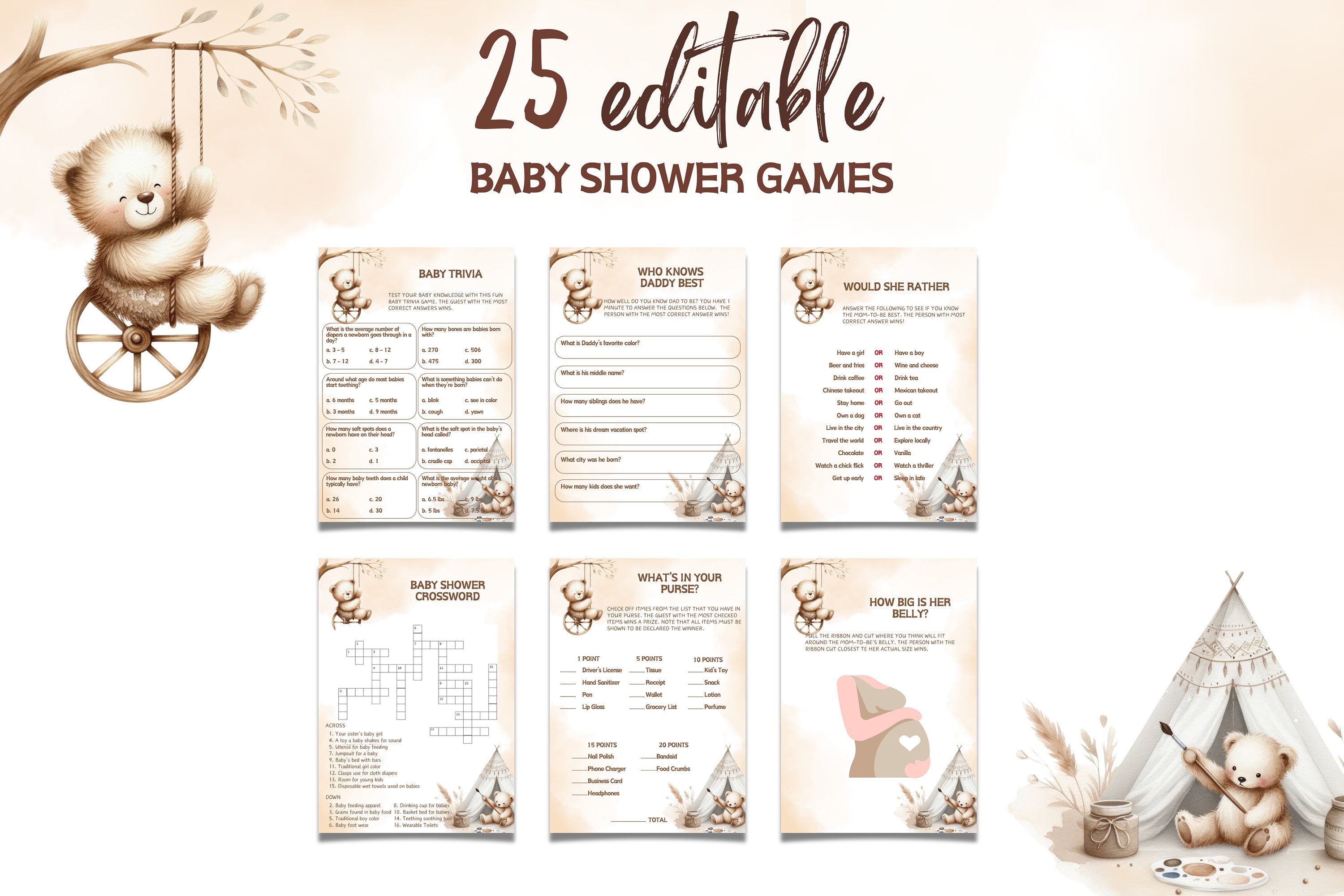 Editable Boho Bear Baby Shower Games Bundle, Brown Bear Baby Shower Games, Gender Neutral Baby ...