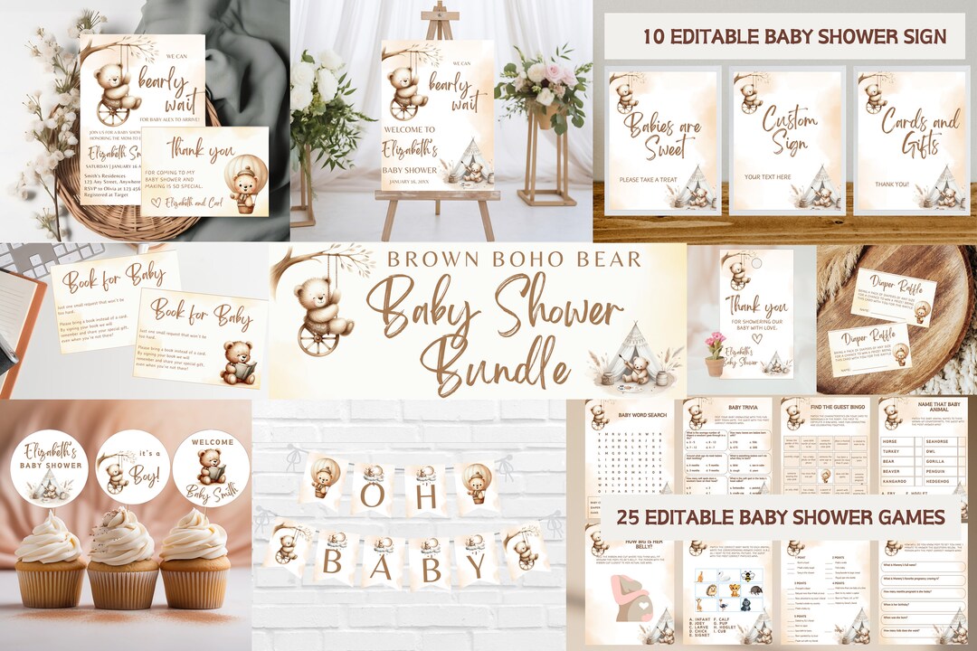 Editable Gender Neutral Bear Baby Shower Bundle, Brown Boho Bear Baby ...