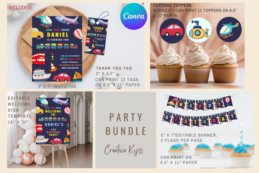 Transportation Birthday Invitation Bundle Template | Kids Vehicle Party ...
