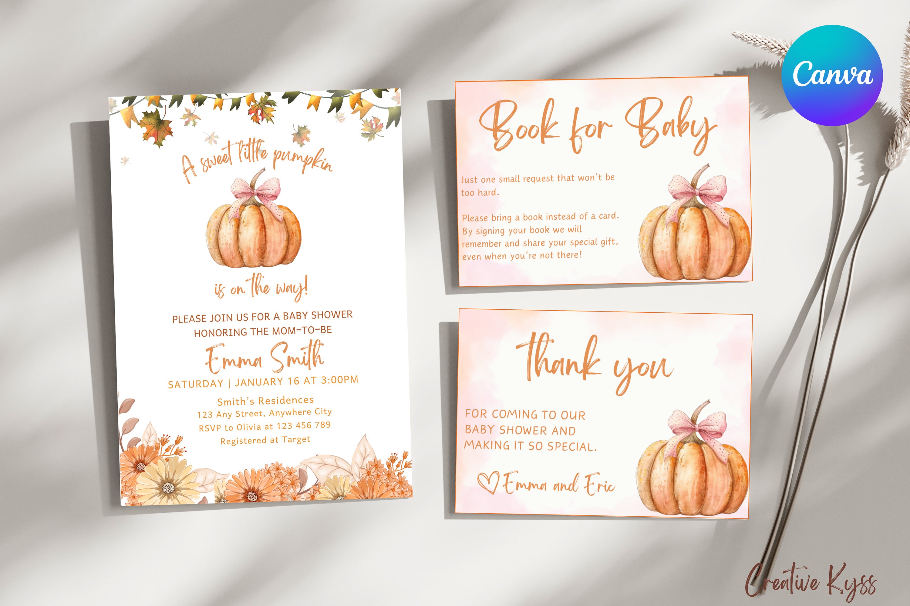 Editable Little Pumpkin Baby Shower Invitation Set, Autumn Baby Shower ...