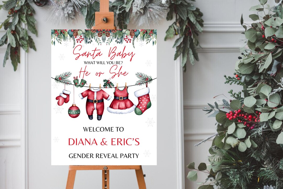 Christmas Gender Reveal Welcome Sign Template, Santa Baby Gender Reveal ...