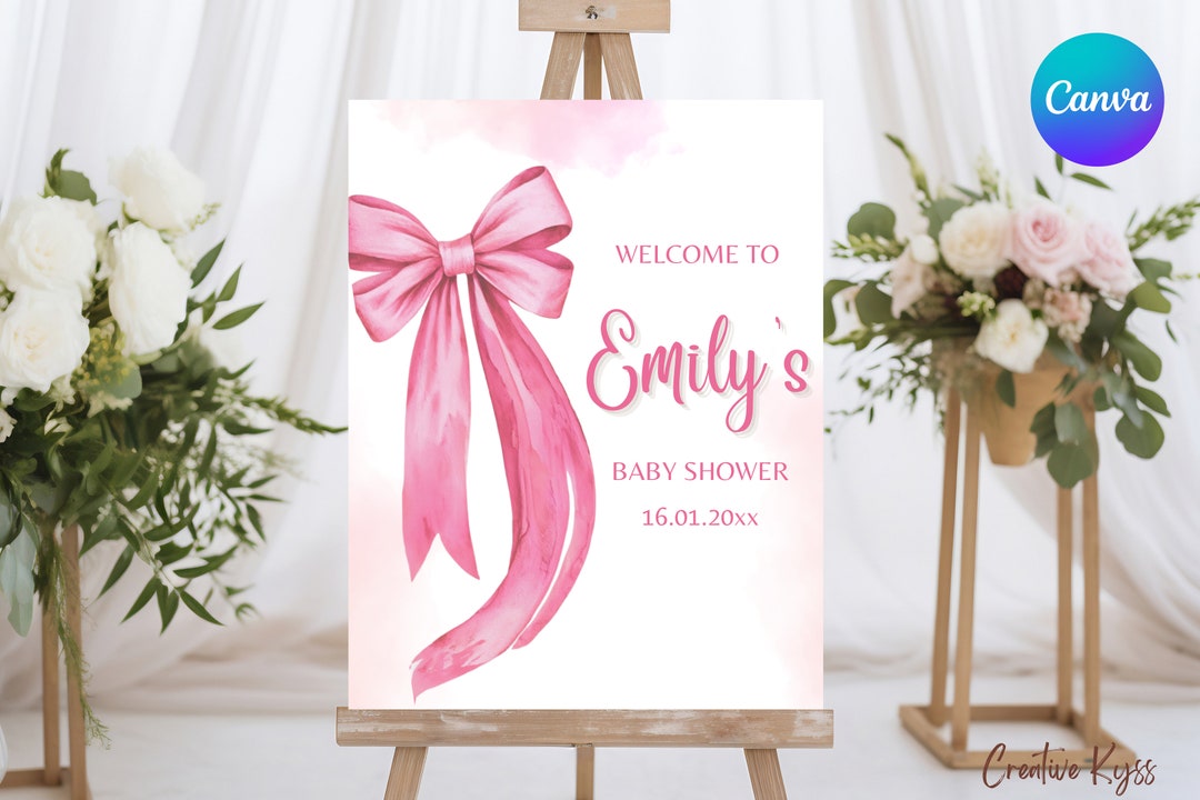Pink Bow Baby Shower Welcome Sign Template, Pink Ribbon Baby Shower ...