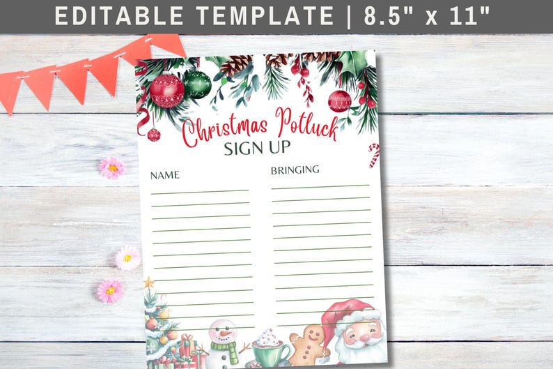 Christmas Potluck Sign up Sheet Template, Printable Christmas Potluck ...