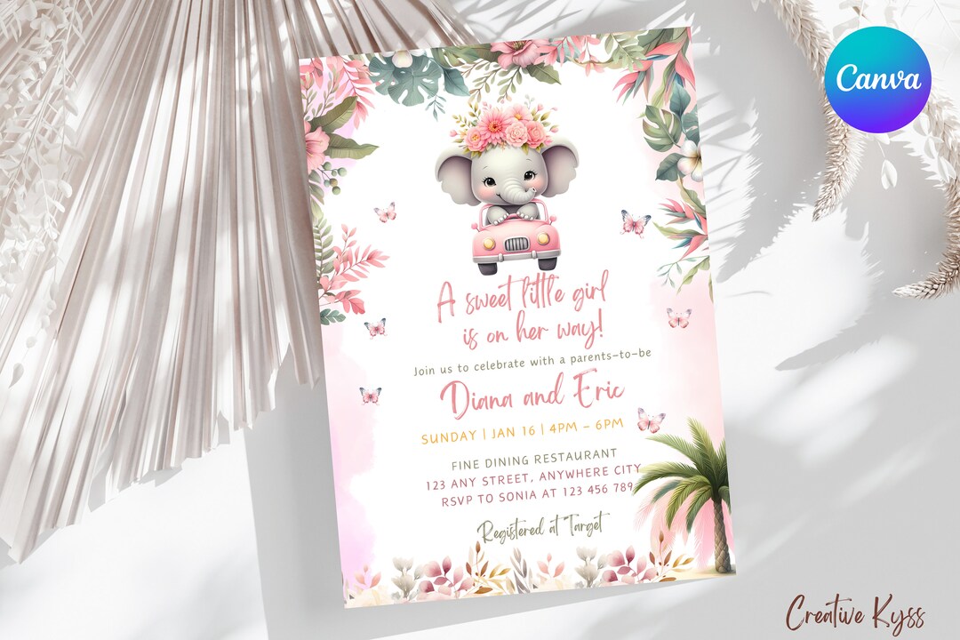 Editable Elephant Baby Shower Invitation, Baby Girl Elephant Invitation ...
