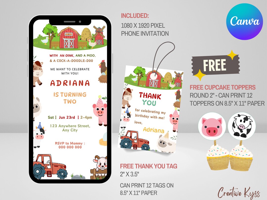 Farm Birthday Phone Invitation Template | Farm Animals Birthday Evite ...