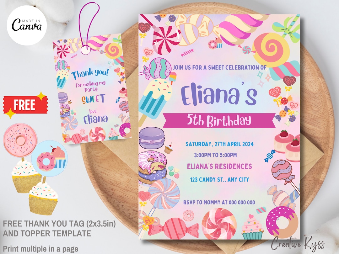 Candyland Theme Birthday Party Invitation - Editable With Thank You Tag ...
