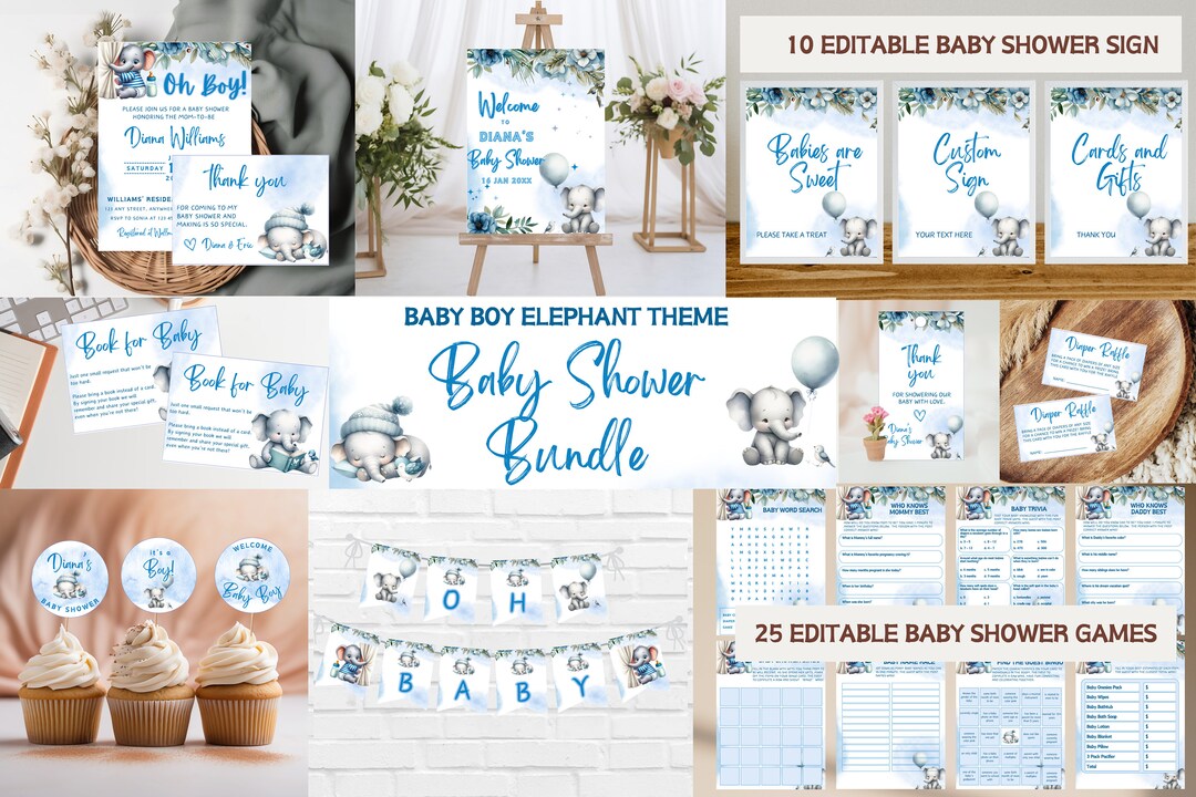 Editable Elephant Baby Shower Bundle: Blue Theme (digital) - Etsy