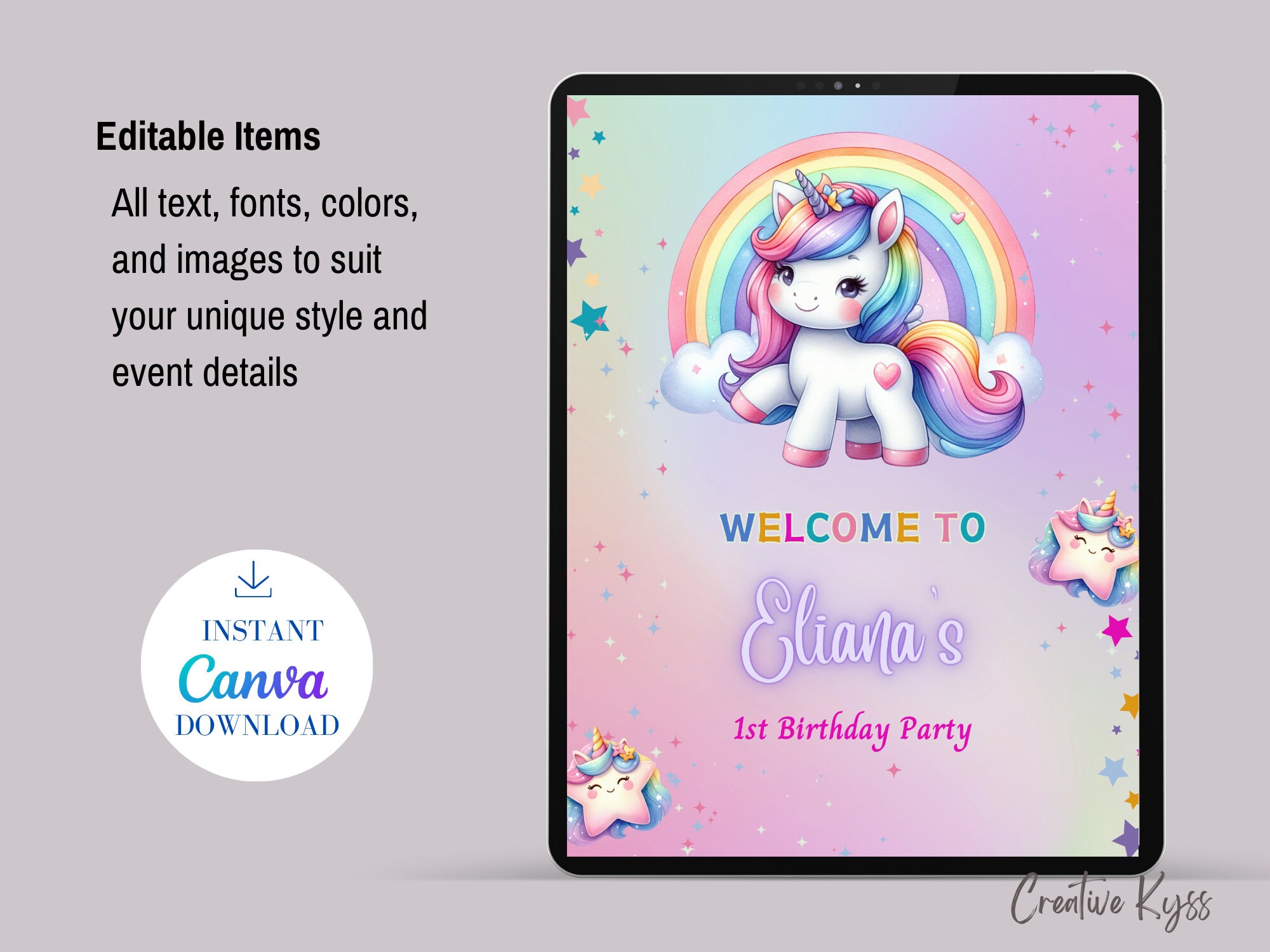 Unicorn Rainbow Birthday Welcome Sign Template | Editable Unicorn ...