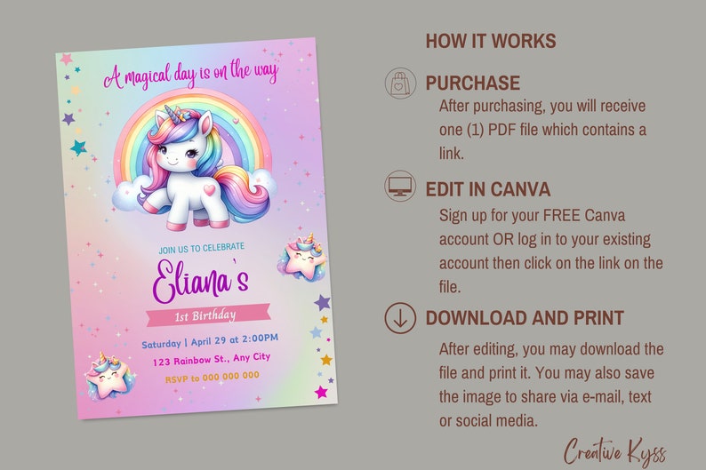 Unicorn Rainbow Birthday Invitation Template | Editable Unicorn Rainbow ...