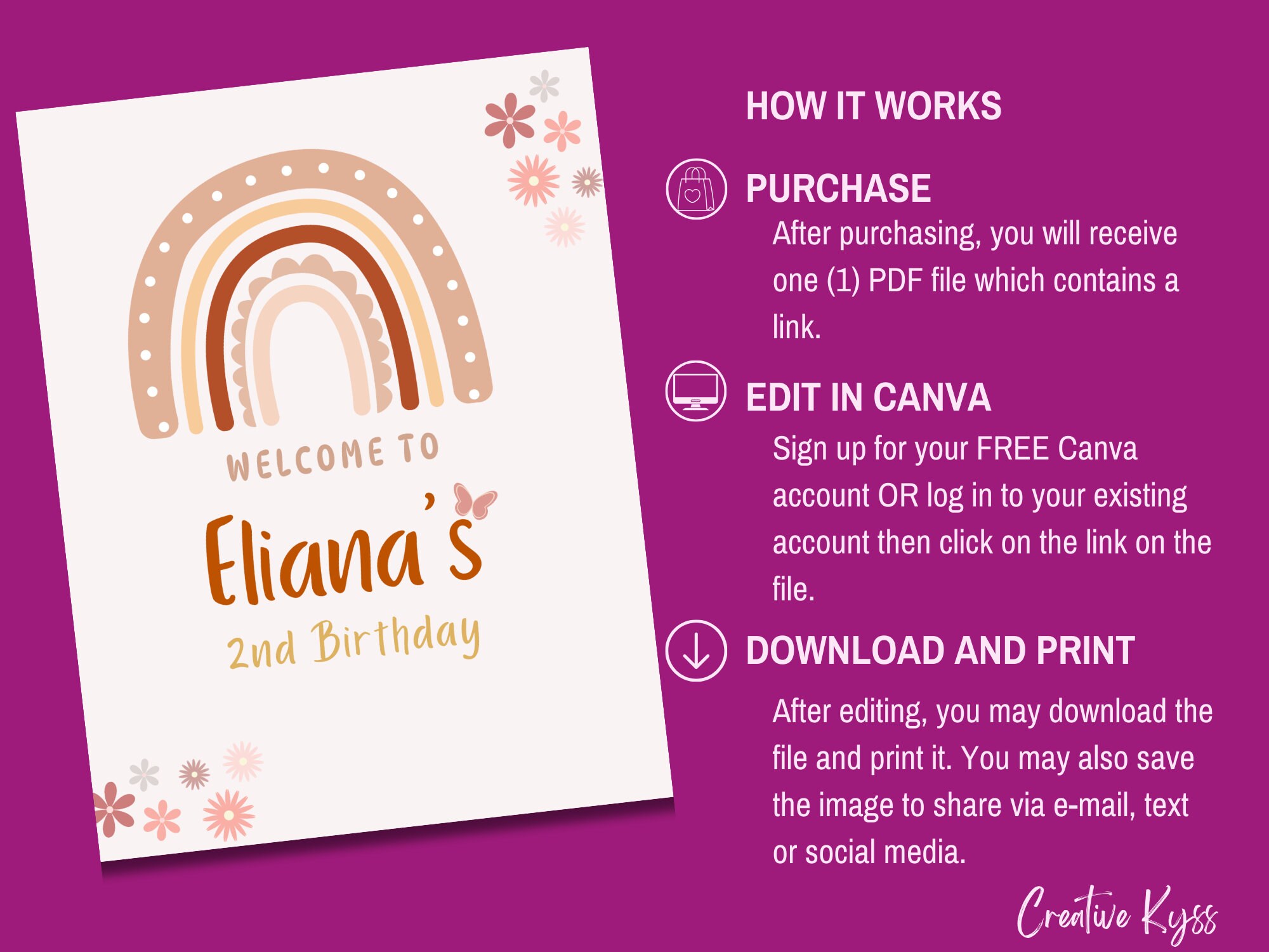 Boho Rainbow Birthday Welcome Sign Template | Minimalist Rainbow ...