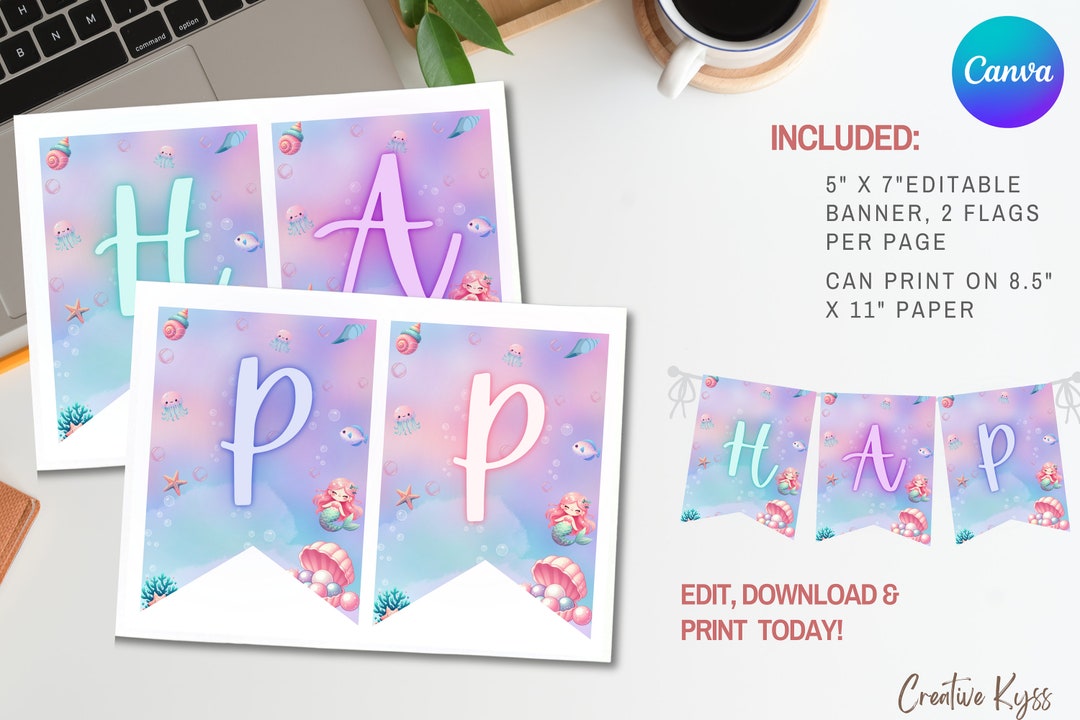 Editable Pastel Mermaid Birthday Banner, Mermaid Theme Birthday Banner ...