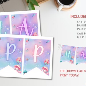 Editable Pastel Mermaid Birthday Banner, Mermaid Theme Birthday Banner ...