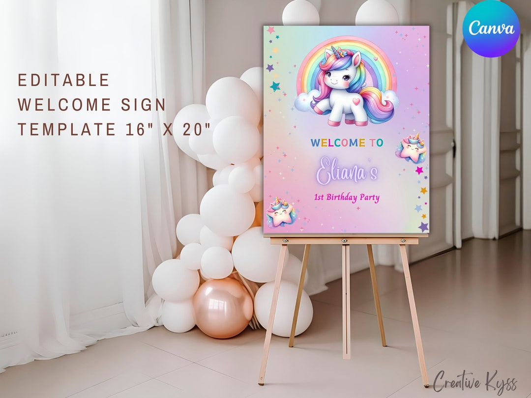 Unicorn Rainbow Birthday Welcome Sign Template | Editable Unicorn ...