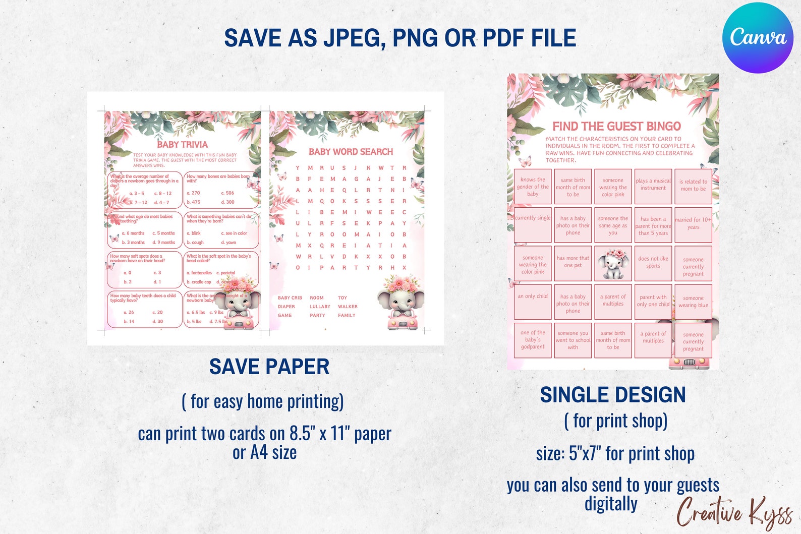 Editable Elephant Baby Shower Games Template, Baby Girl Elephant Games ...