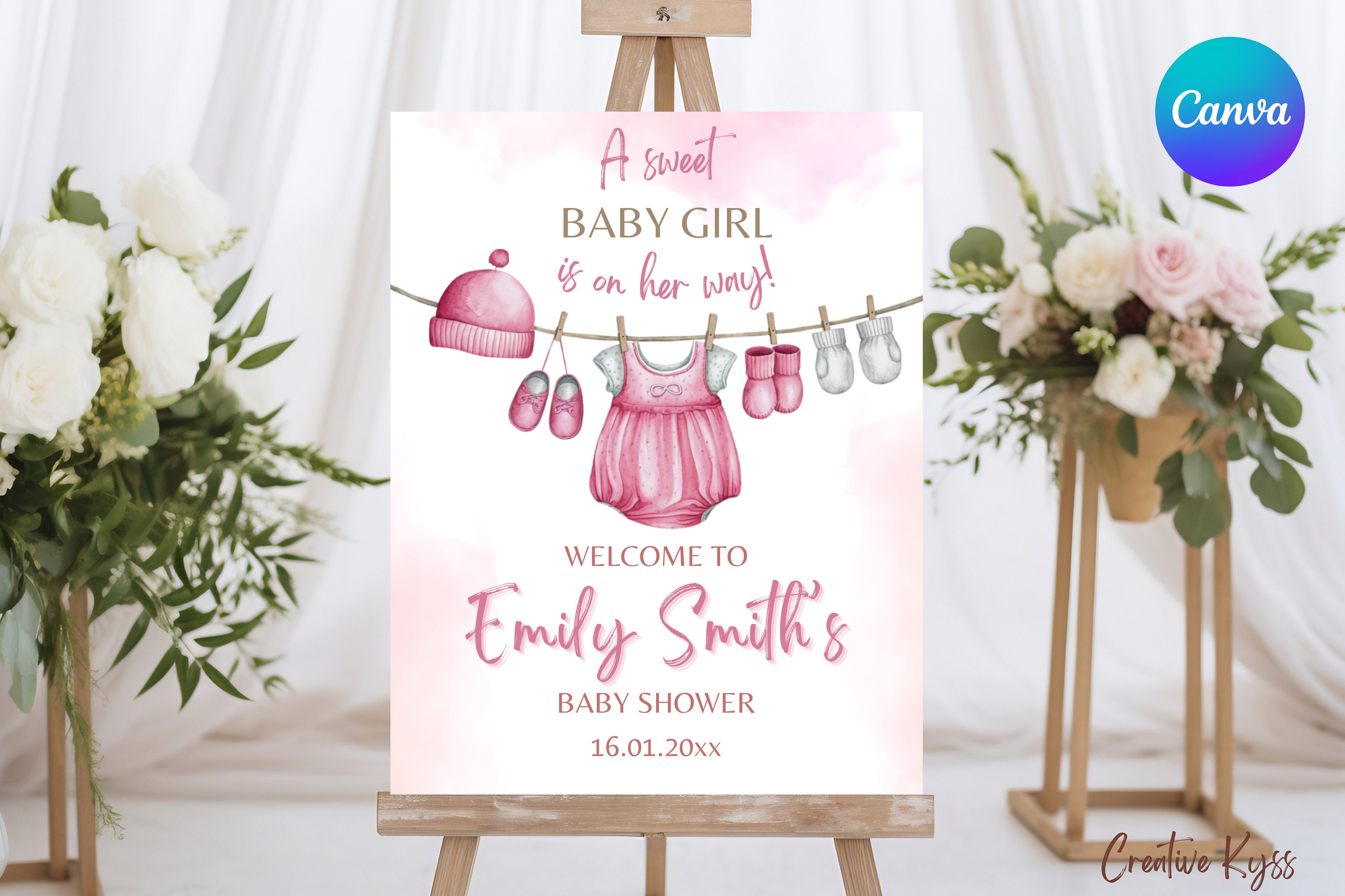 Editable Baby Girl Baby Shower Welcome Sign, Clothesline Baby Girl Baby ...