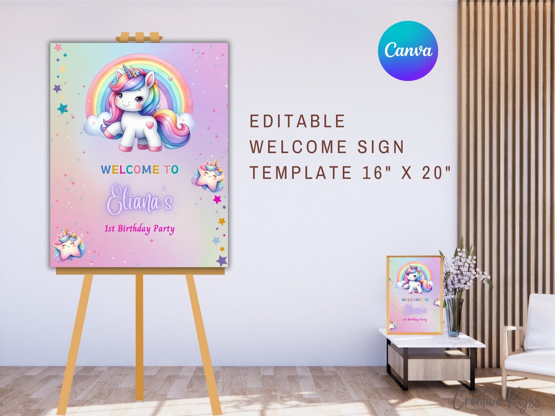 Unicorn Rainbow Birthday Welcome Sign Template Editable Unicorn Rainbow ...
