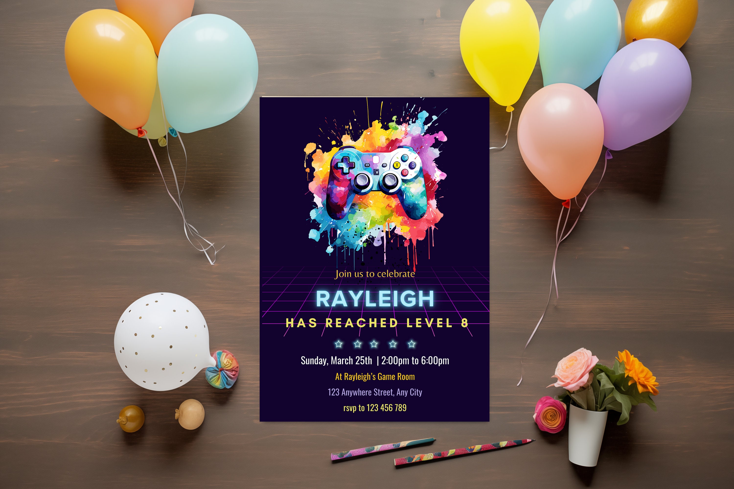 Video Game Birthday Invitation Template, Video Game Invitation, Neon ...