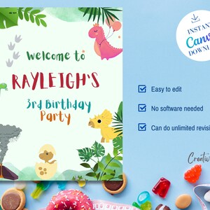 Dinosaur Theme Birthday Welcome Sign Template | Dinosaur Welcome Sign ...
