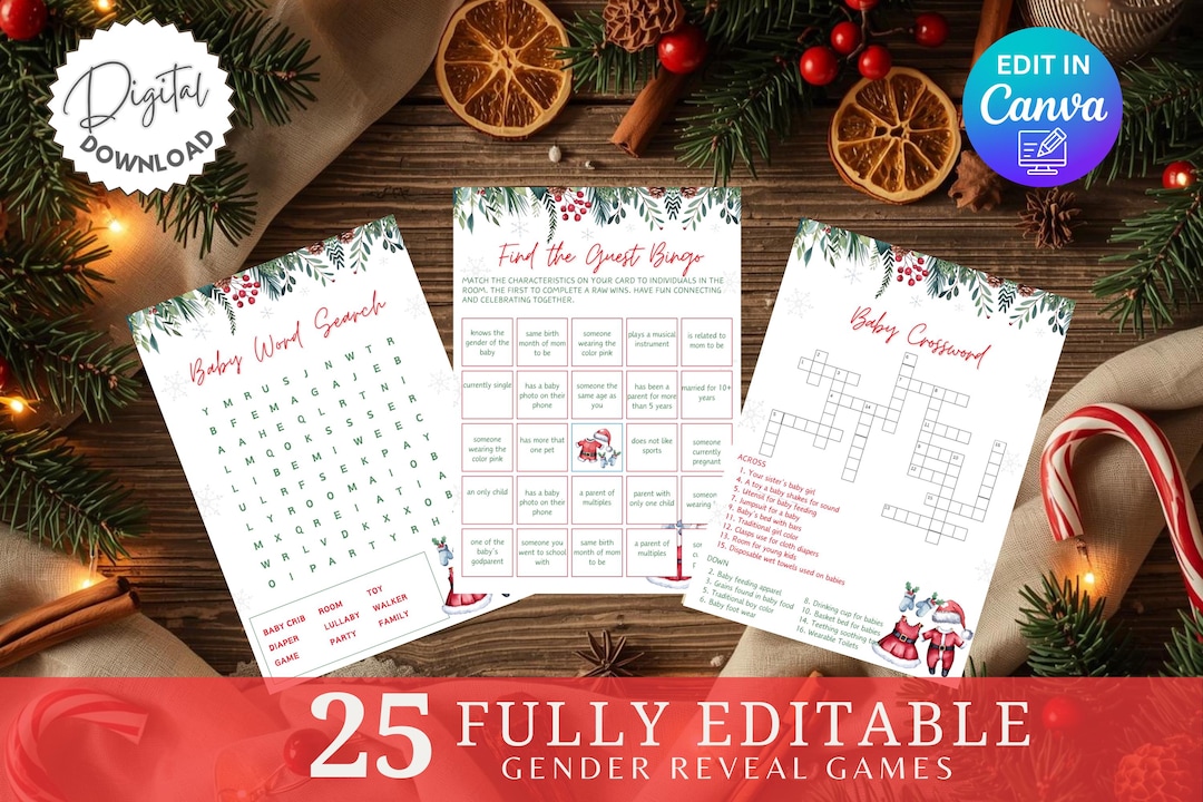 Christmas Gender Reveal Game Set Template, Santa Baby Gender Reveal ...