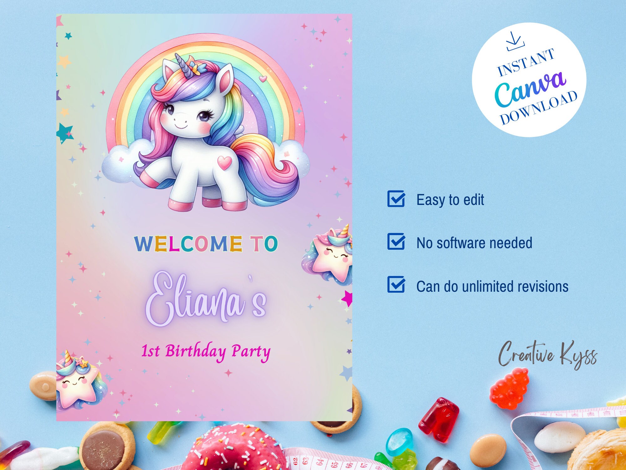 Unicorn Rainbow Birthday Welcome Sign Template | Editable Unicorn ...
