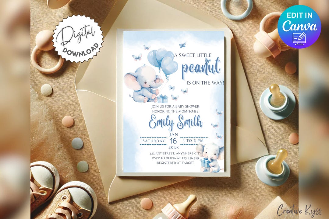 Editable Elephant Baby Shower Invitation, Baby Boy Elephant Invitation ...