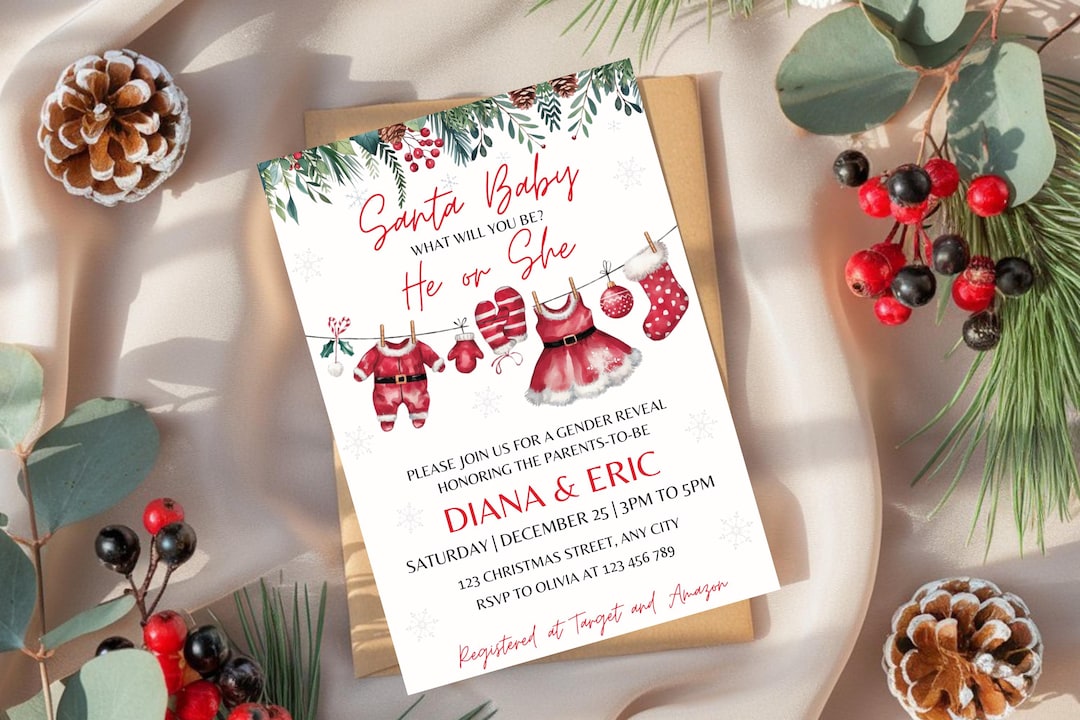 Christmas Gender Reveal Invitation Template, Santa Baby Gender Reveal ...