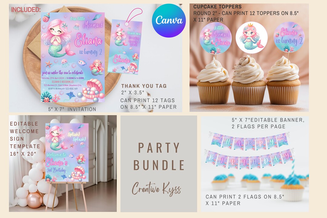 Pastel Mermaid Birthday Party Bundle: Editable Invitation, Banner ...