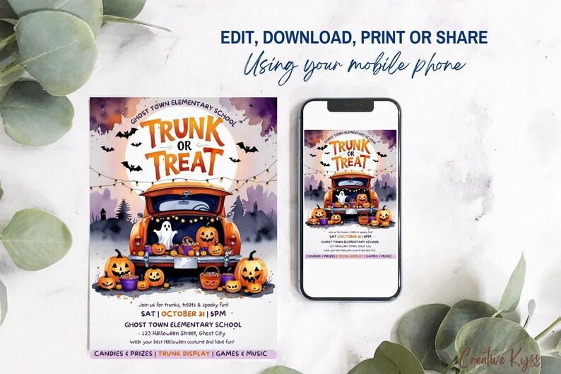 Trunk or Treat Invitation Template, Editable School Trunk or Treat ...