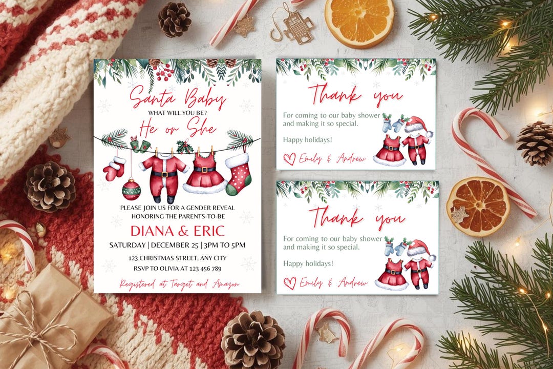 Christmas Gender Reveal Invitation Set Template, Santa Baby Gender ...