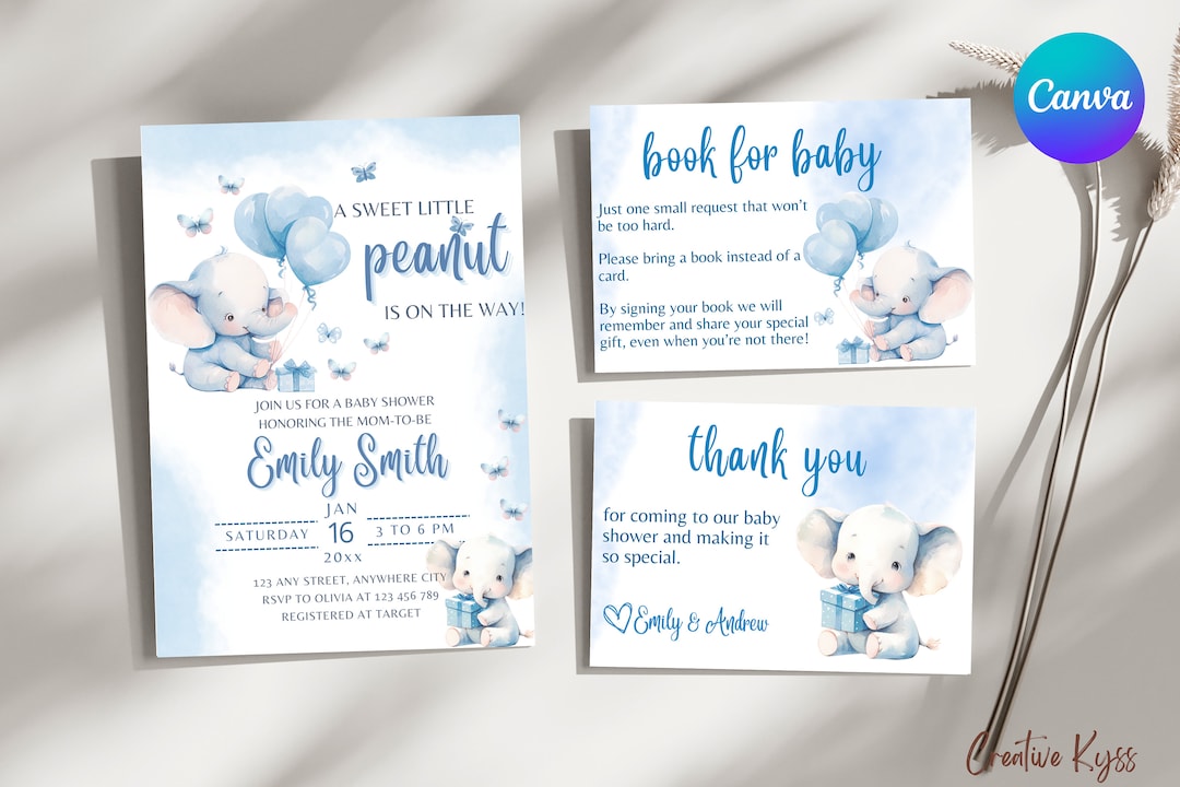 Editable Elephant Baby Shower Invitation Set, Baby Elephant Invitation ...