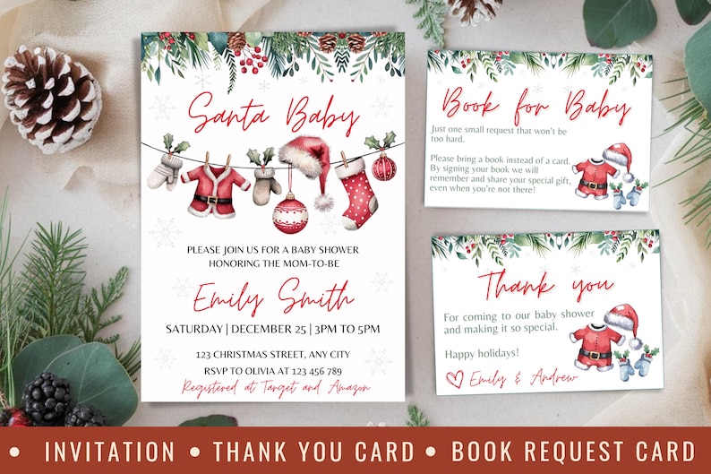 Christmas Baby Shower Bundle, Santa Baby Shower Invitation Set, Santa ...