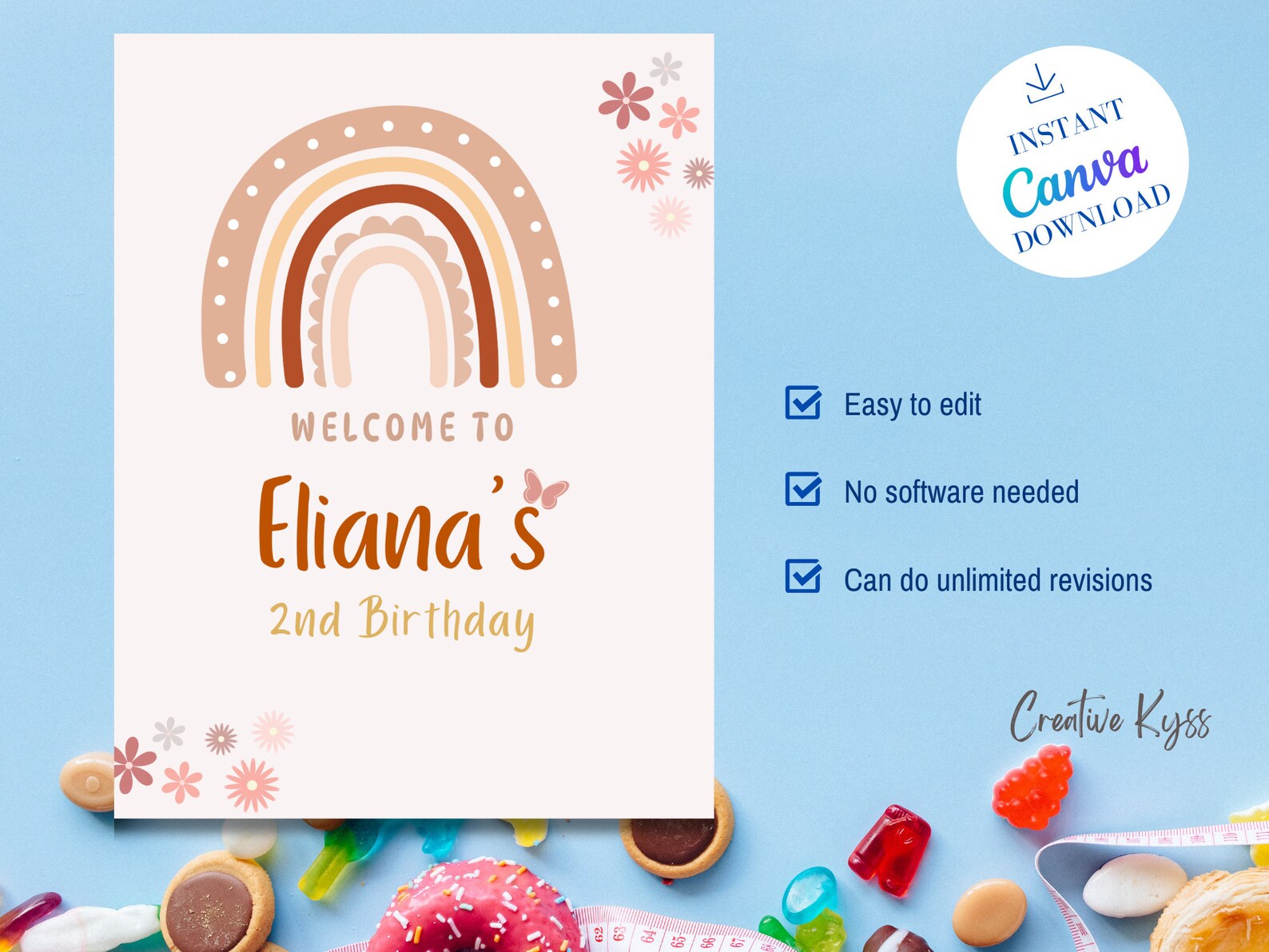 Boho Rainbow Birthday Welcome Sign Template | Minimalist Rainbow ...