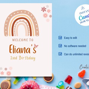 Boho Rainbow Birthday Welcome Sign Template | Minimalist Rainbow ...