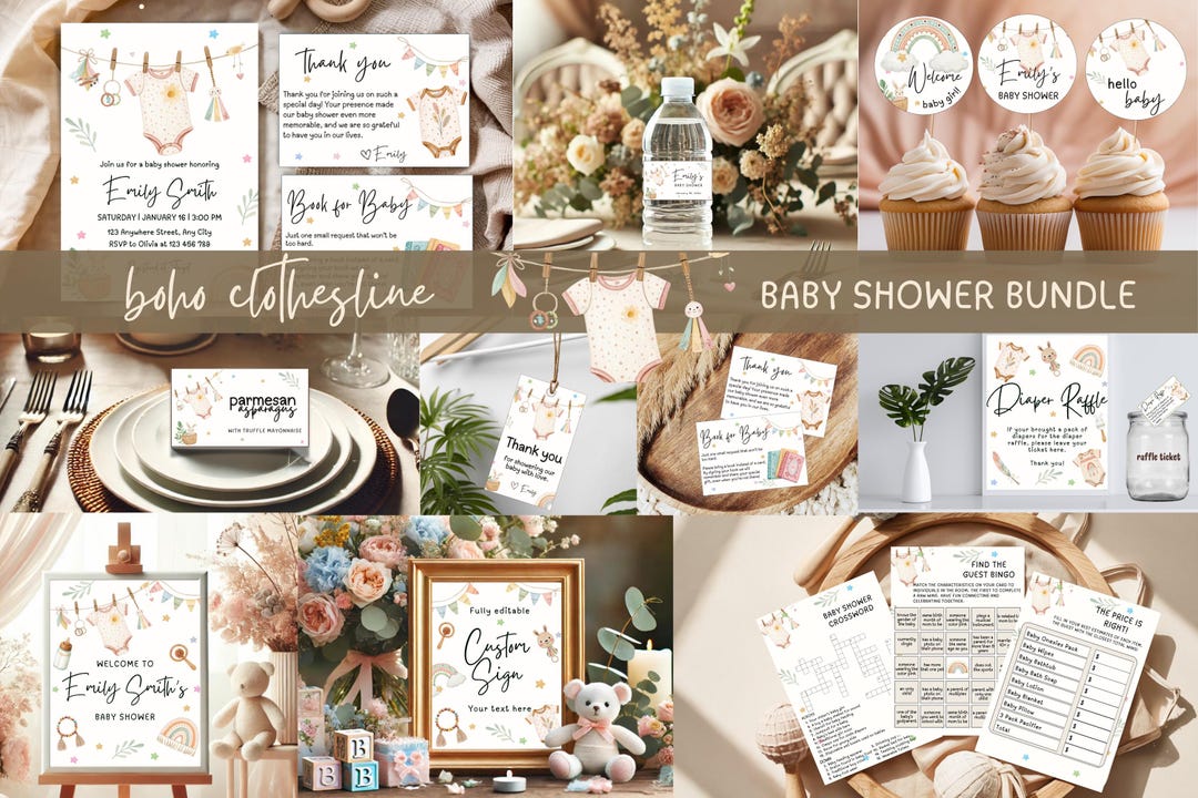 Boho Baby Shower Bundle Set Template, Boho Clothesline Baby Shower ...