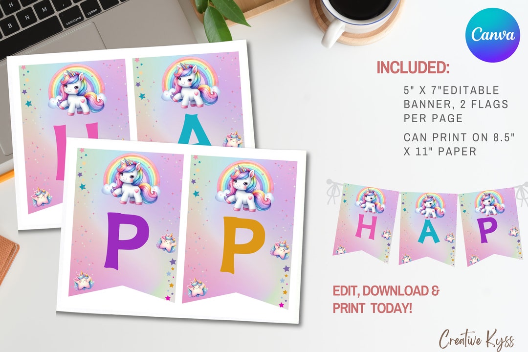 Pastel Rainbow Unicorn Birthday Banner | Editable Unicorn Birthday ...