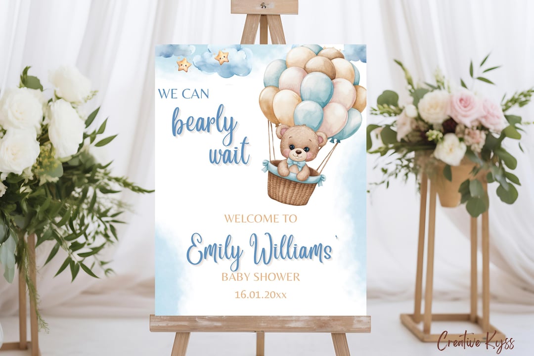 Bear Baby Boy Shower Welcome Sign Template, We Can Bearly Wait Baby ...