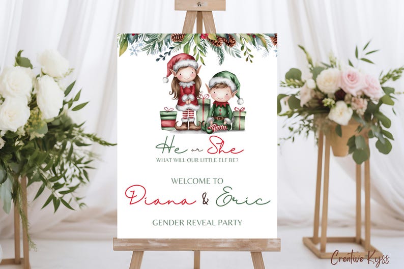 Christmas Gender Reveal Welcome Sign Template, Christmas Elf Gender ...