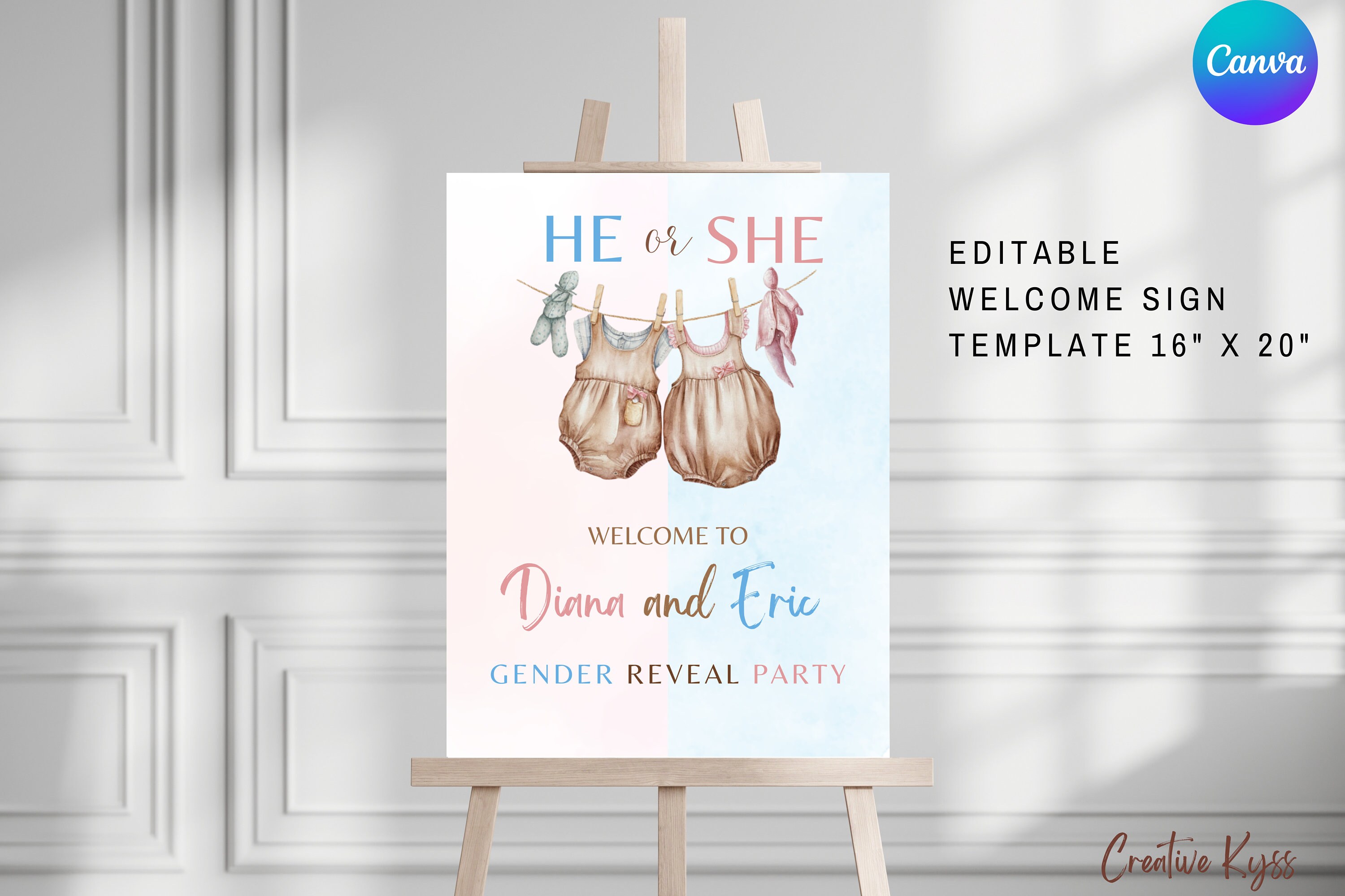 Baby Clothes Gender Reveal Welcome Sign Template, Editable Boho Gender ...