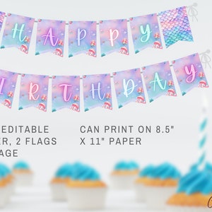 Editable Pastel Mermaid Birthday Banner, Mermaid Theme Birthday Banner ...