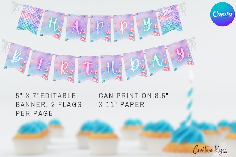 Editable Pastel Mermaid Birthday Banner, Mermaid Theme Birthday Banner ...