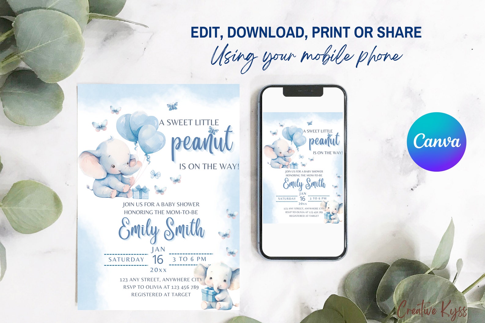 Editable Elephant Baby Shower Invitation, Baby Boy Elephant Invitation ...