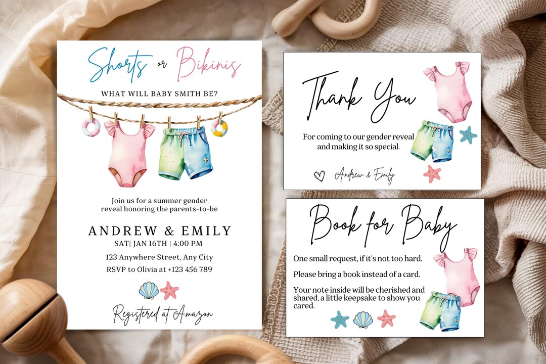Summer Clothesline Gender Reveal Invitation Set Template, Summer Gender ...