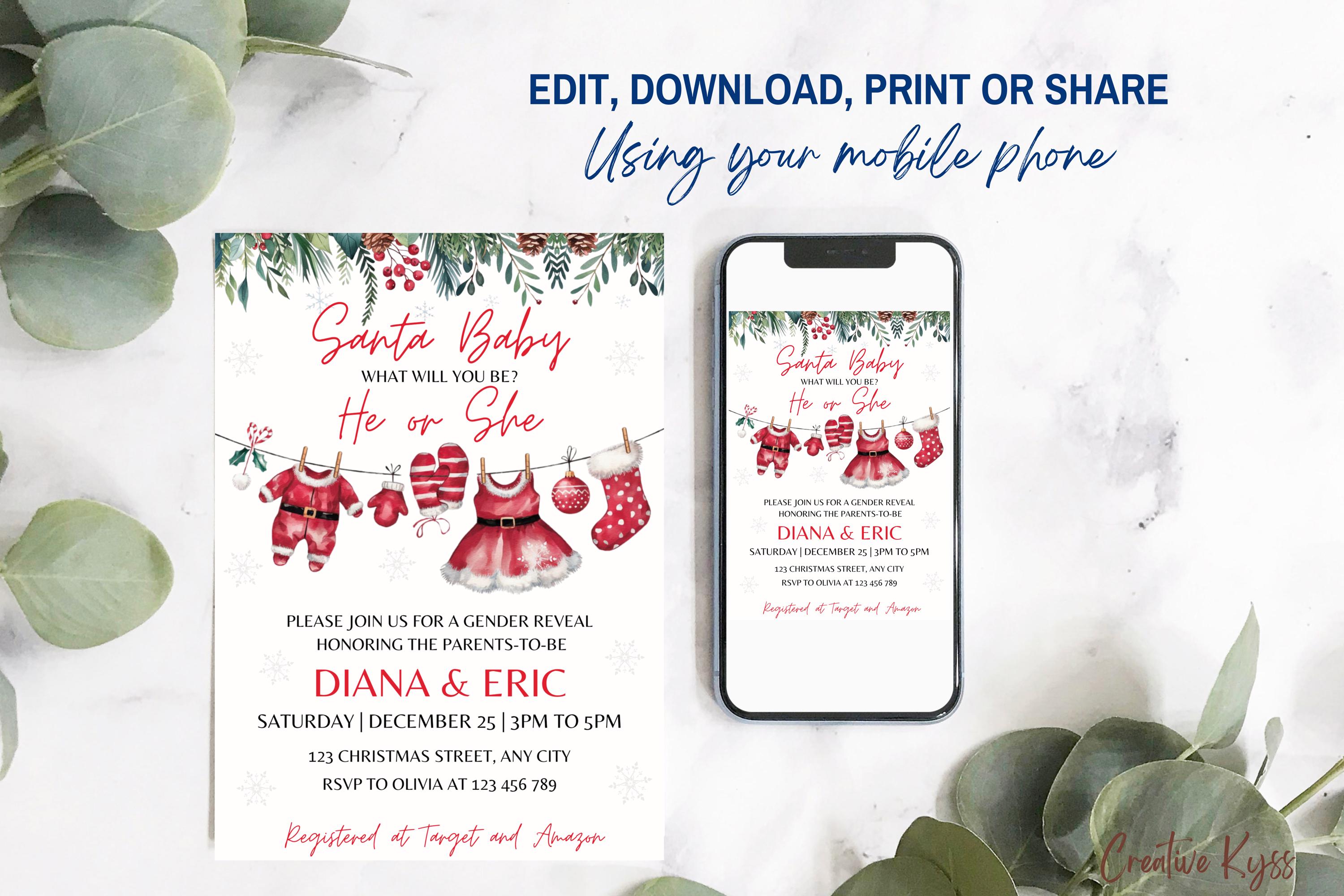 Christmas Gender Reveal Invitation Template, Santa Baby Gender Reveal ...