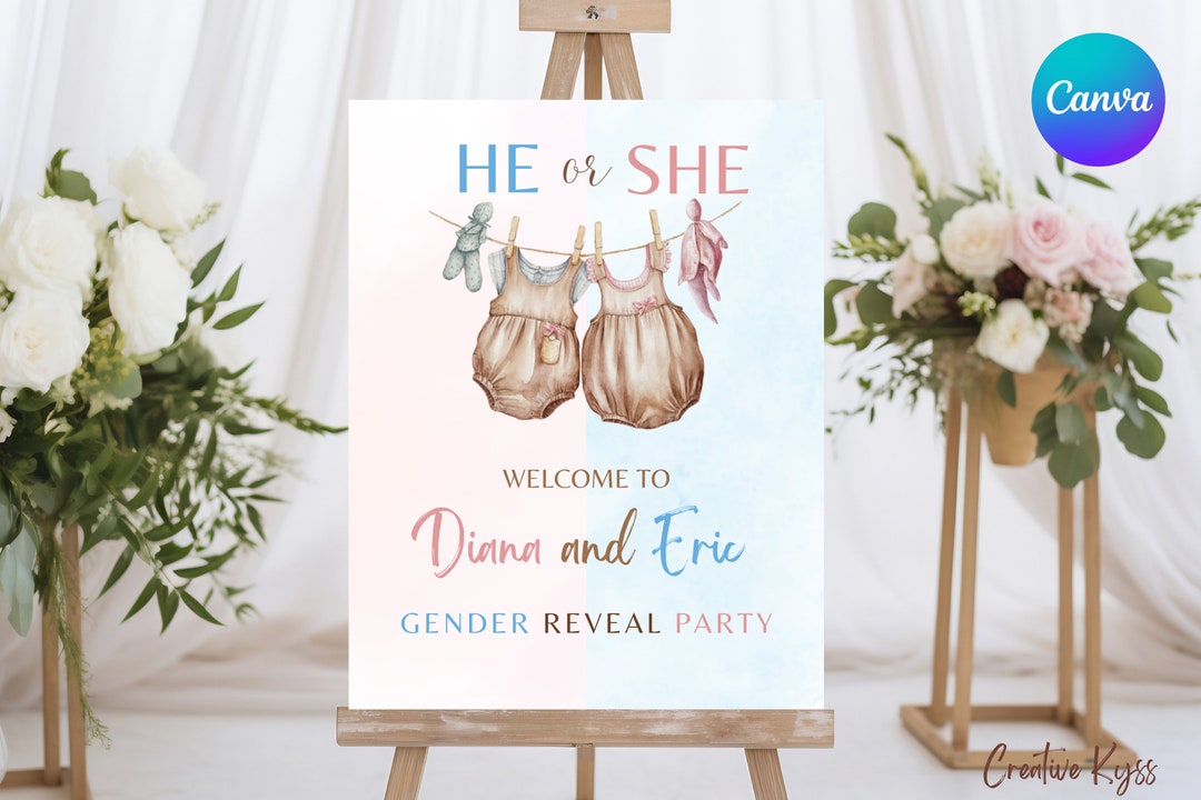 Baby Clothes Gender Reveal Welcome Sign Template, Editable Boho Gender ...