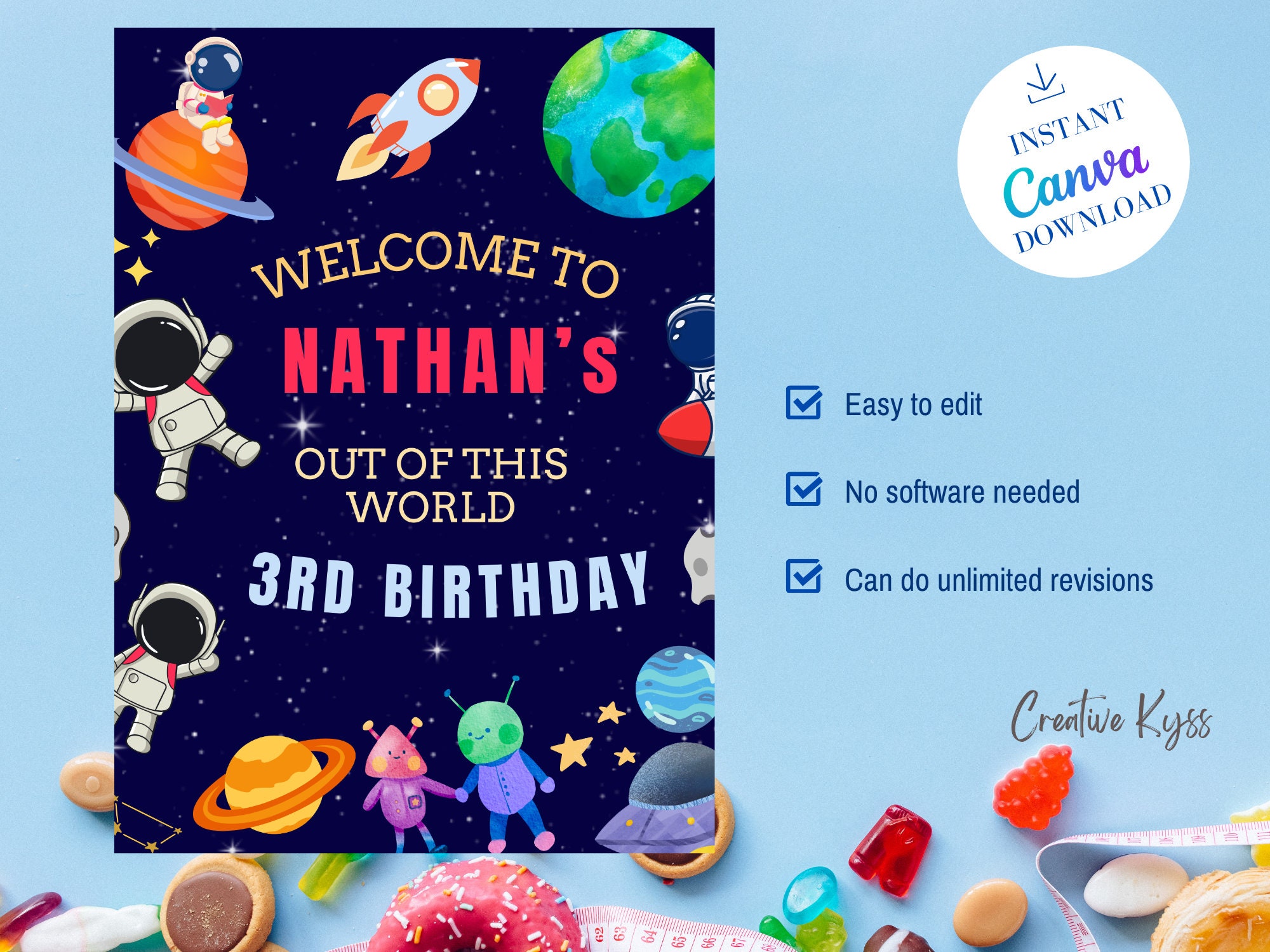 Outer Space Birthday Welcome Sign Template Astronaut and Planet ...